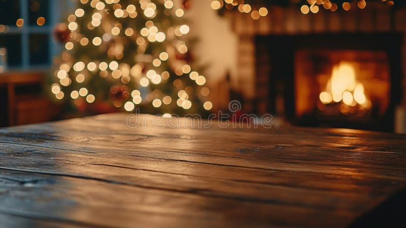 Wooden Table Christmas Fireplace Festive Lights Background Stock ...