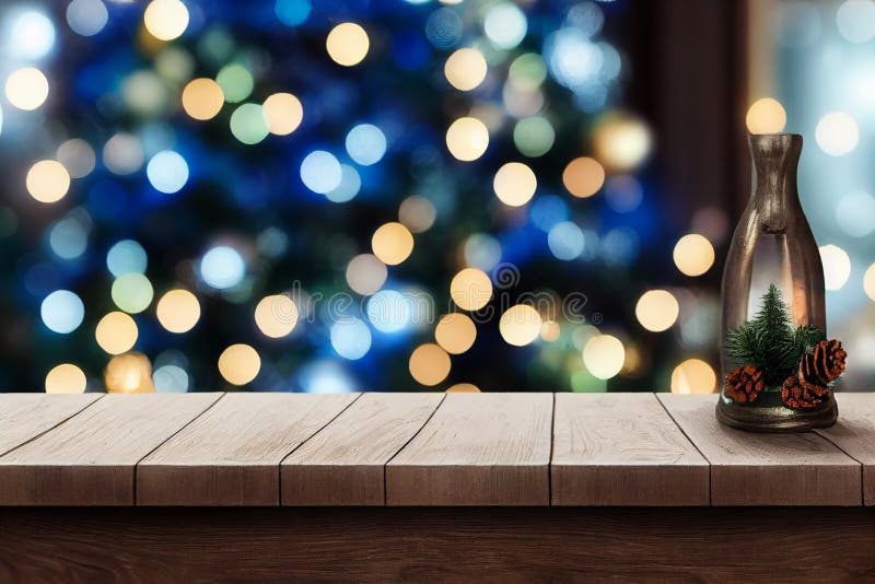Wooden Table and Christmas Lights in Background Stock Illustration ...
