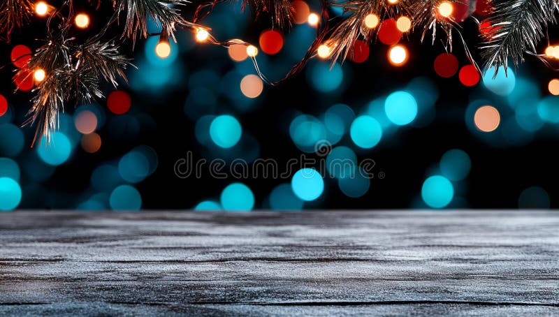 A Wooden Table with a Christmas Tree Branch and Lights in the ...