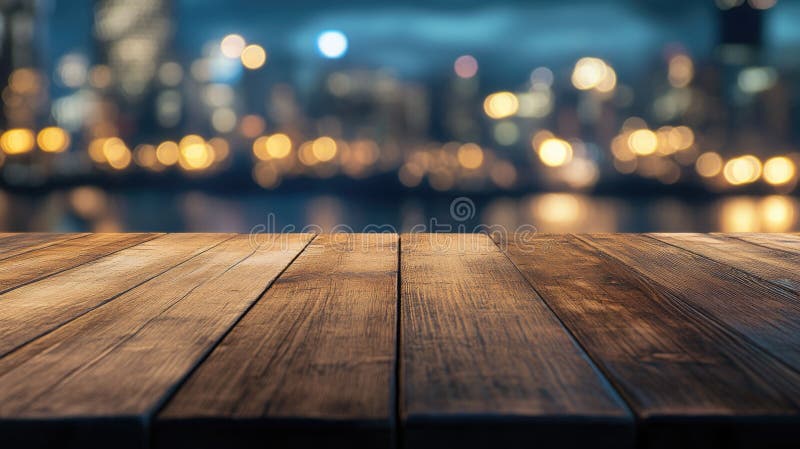 A Wooden Table with a City Skyline View in the Background Stock Image ...