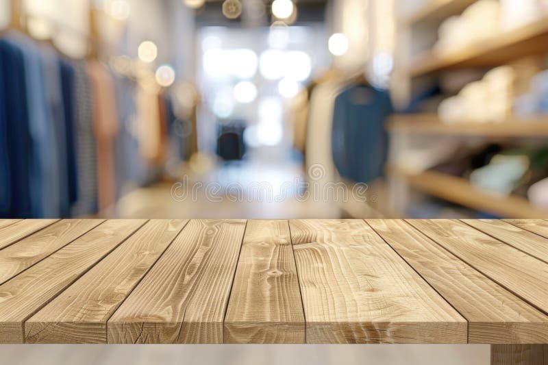 A Wooden Table in a Clothing Store with a Blurred Background, Suitable ...