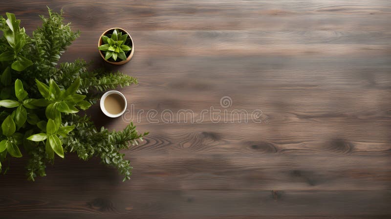 Wooden Table with a Coffee Cup and Plants Stock Image - Image of wooden ...