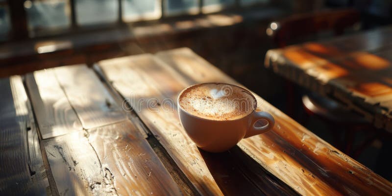 Wooden Table with Coffee Cup in Sunlight Stock Photo - Image of blinds ...