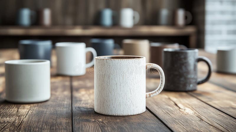 Wooden Table with Coffee Mugs Stock Photo - Image of interior ...
