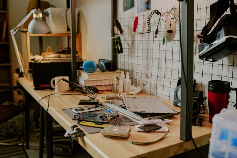 Wooden Table with Computer Details and Tool Kit Stock Photo - Image of ...