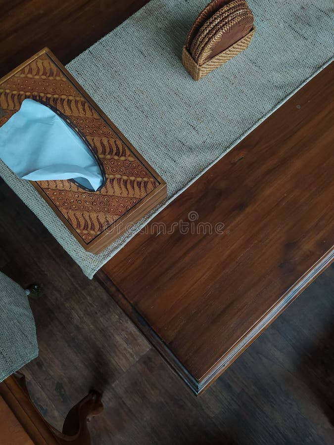 Wooden Table Corner with Tissue Holder Stock Photo - Image of wood ...
