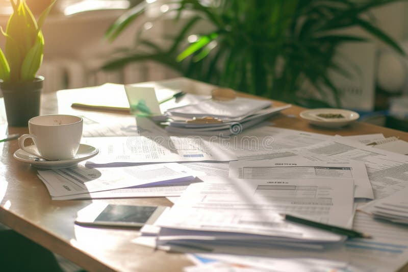A Wooden Table Covered with Numerous Papers and a Cup of Coffee Placed ...