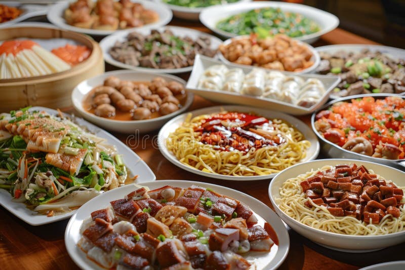 A Wooden Table Covered with Plates of Various Dishes. Perfect for Food ...