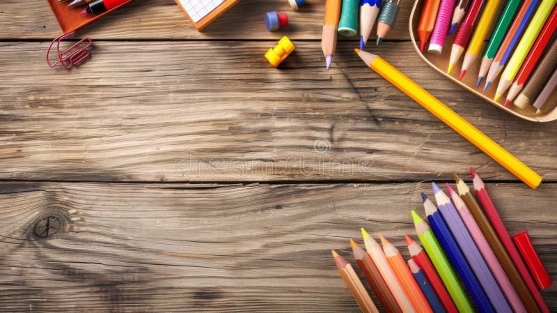 Wooden Table Covered with Various Colored Pencils Stock Image - Image ...