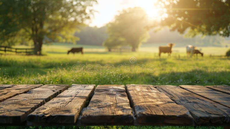 Wooden Table with Cows Grazing in Field Stock Photo - Image of outdoors ...