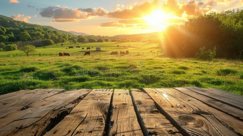 Wooden Table with Cows Grazing in Field Stock Image - Image of table ...