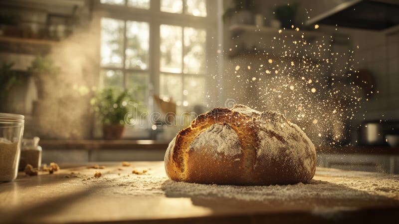 Wooden Table in a Cozy Baking Kitchen Featuring Rustic Homemade Bread ...