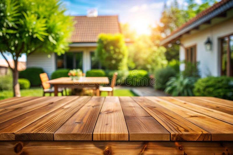 Wooden Table in Cozy Home Backyard with Blurred Background Stock ...