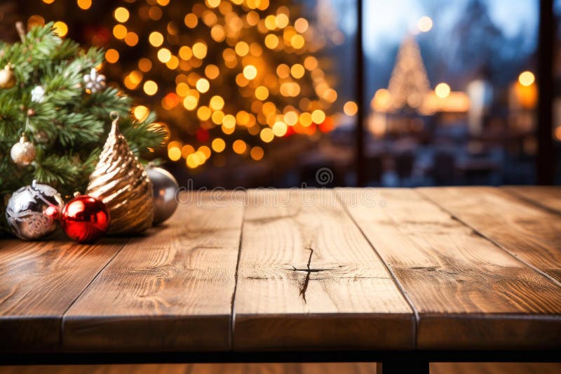 Wooden Table with Decorated Christmas Tree on the Background of Holiday ...
