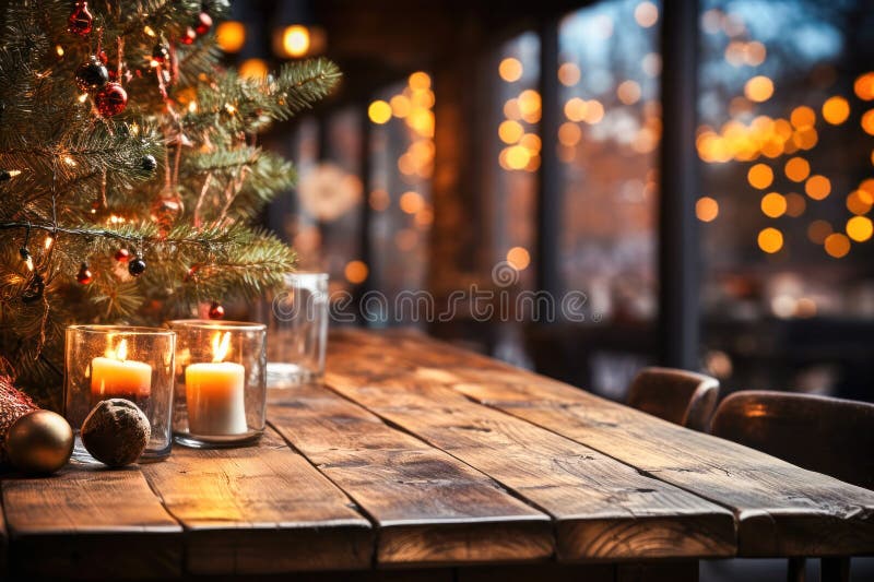 Wooden Table with Decorated Christmas Tree on the Background of Holiday ...