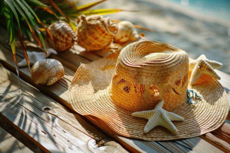 Wooden Table Decorated with Coastal Elements Including a Straw Hat, Starfish, and Seashells ...