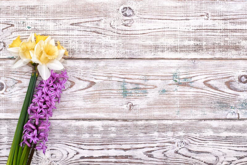 Wooden Table Decorated with Flowers, Top View Stock Image - Image of ...