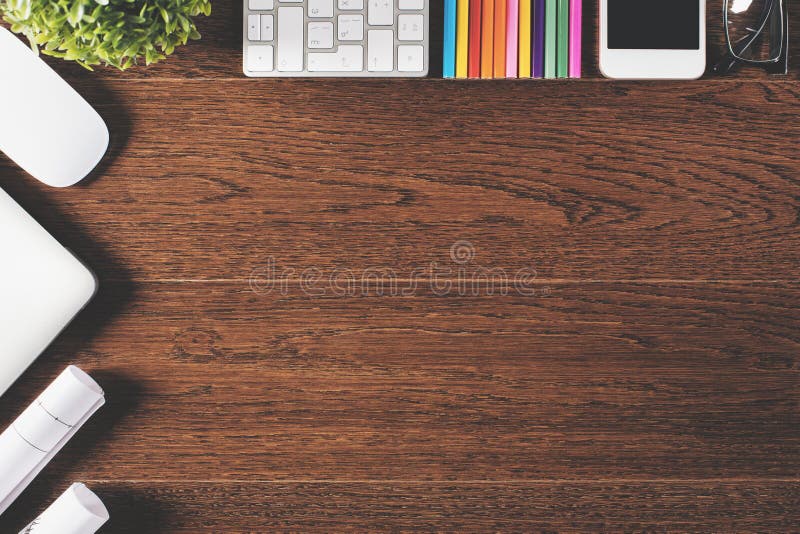 Wooden Table with Devices and Supplies Stock Image - Image of closeup ...
