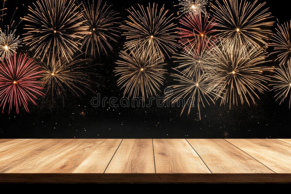A Wooden Table, Devoid of Items, Placed in Front of a Fireworks ...