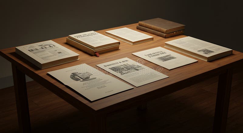 Wooden Table Displaying an Assortment of Historical Documents and Books ...
