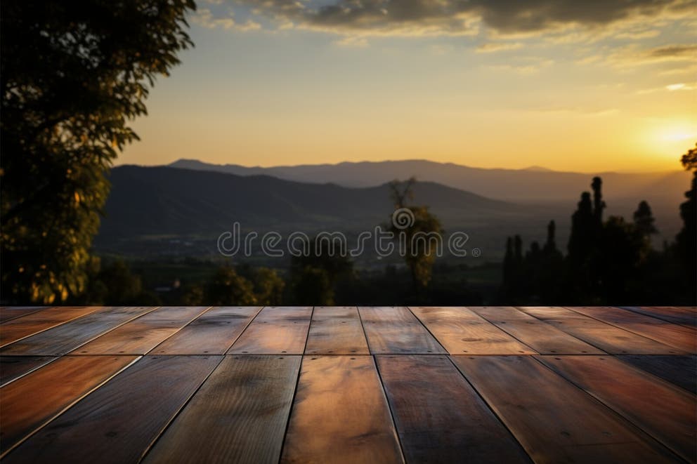 Wooden Table Embraced by a Stunning Backdrop of Sunset, Natures ...