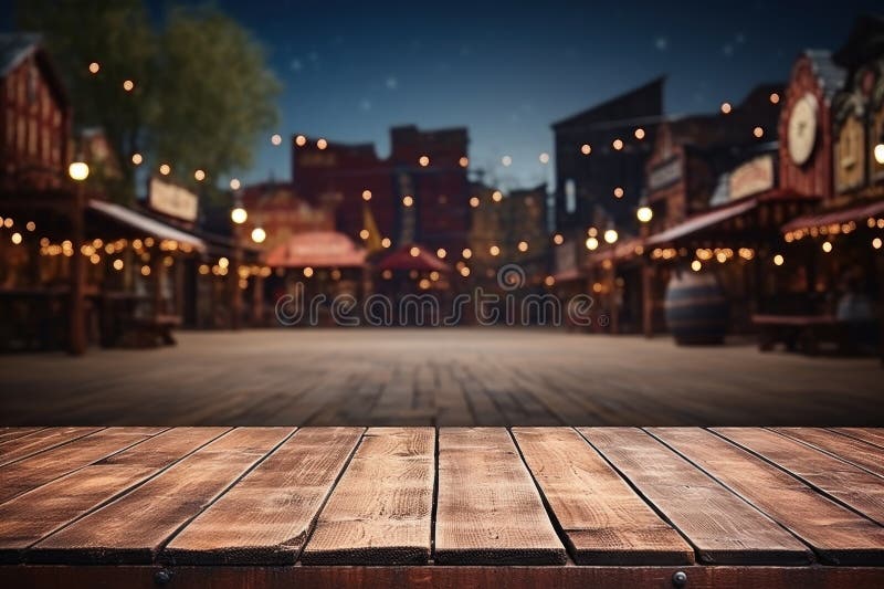 Wooden Table Empty Space Against Illuminated on a Fall Night in Vintage ...