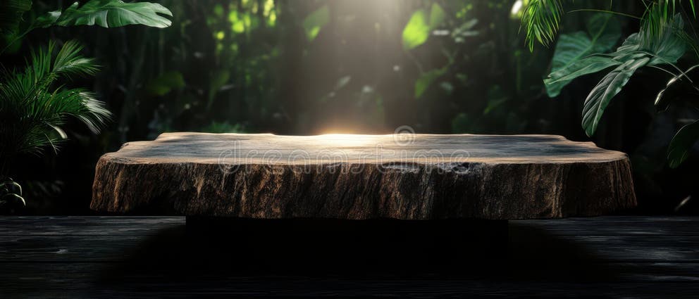 A Wooden Table Features a Rustic Tree Stump Placed on Its Surface ...