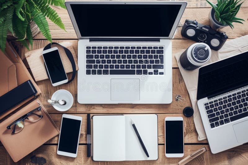 A Wooden Table Featuring Several Laptops and Cell Phones Neatly ...