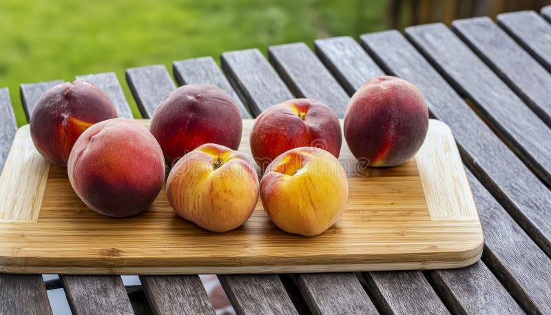 A Wooden Table with a Few Peaches on it, with Copy Space Stock ...