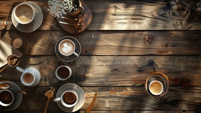 Two Cups of Coffee Resting on a Wooden Table Surface. Generative AI ...