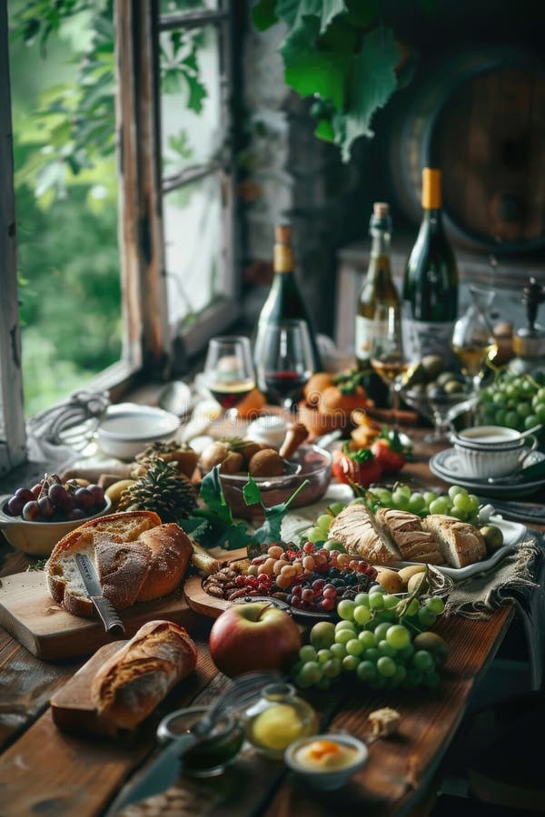 A Wooden Table Filled with Various Foods and Dishes Stock Photo - Image ...