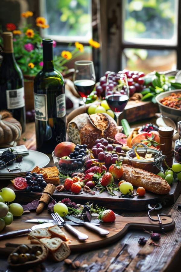 A Wooden Table Filled with Various Foods and Wines Stock Photo - Image ...