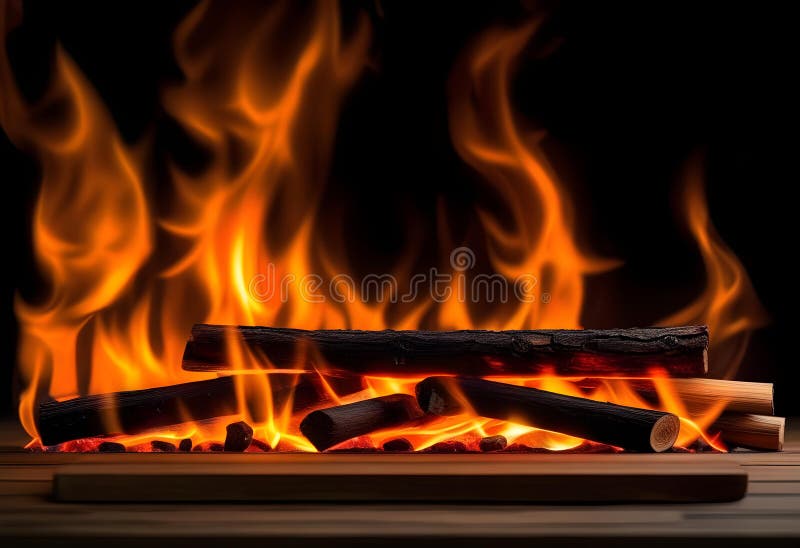 Wooden Table with Fire Burning at the Edge of the Table, Fire Particles ...