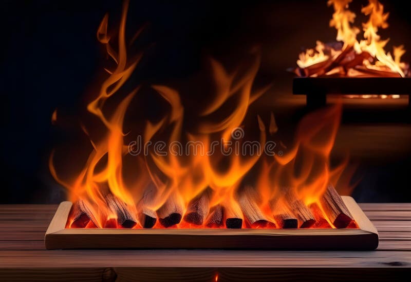 Wooden Table with Fire Burning at the Edge of the Table, Fire Particles ...