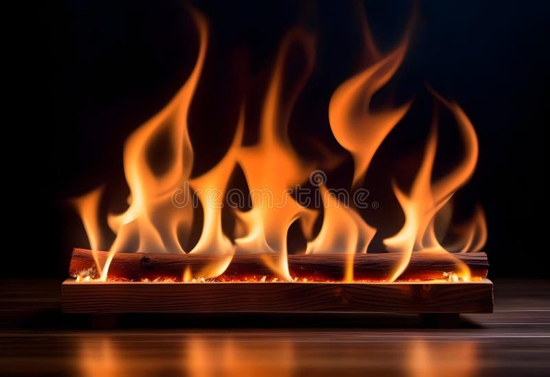 Wooden Table with Fire Burning at the Edge of the Table, Fire Particles ...