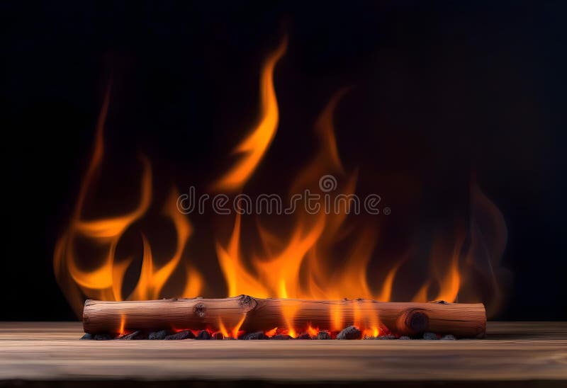 Wooden Table with Fire Burning at the Edge of the Table, Fire Particles ...