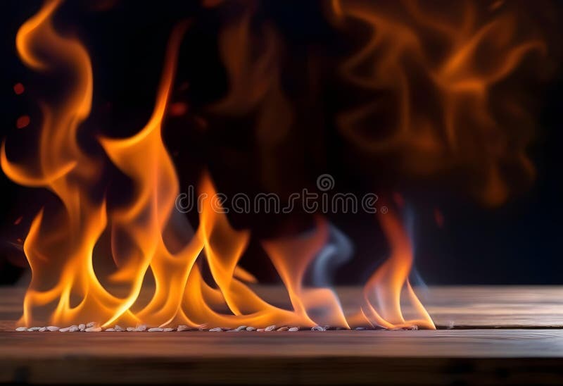 Wooden Table with Fire Burning at the Edge of the Table, Fire Particles ...