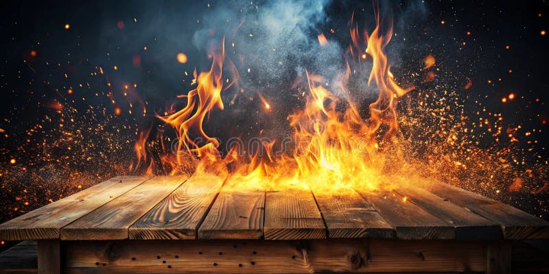 Wooden Table with Fire Burning Edge and Smoke Stock Illustration ...