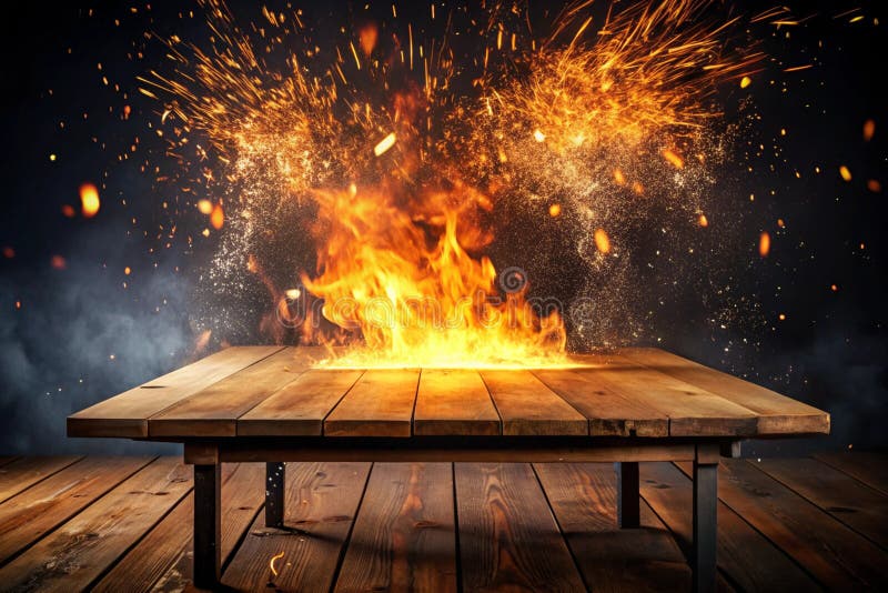 Wooden Table with Fire Burning at the Edge Sparks and Smoke in the Air ...