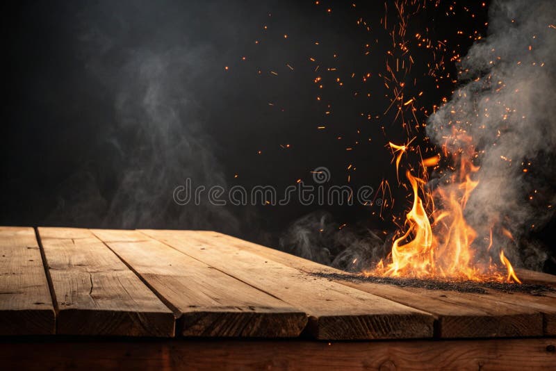 Wooden Table with Fire and Sparks in Dark Background Stock Illustration ...