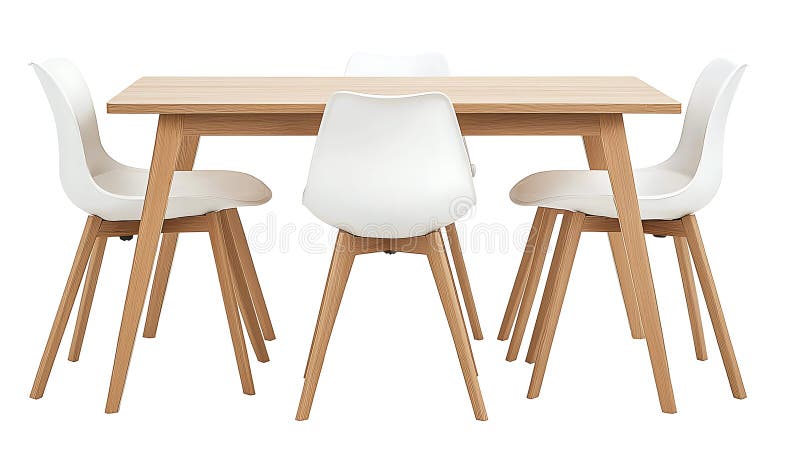 A Wooden Table with Five White Chairs Around it Stock Image - Image of ...