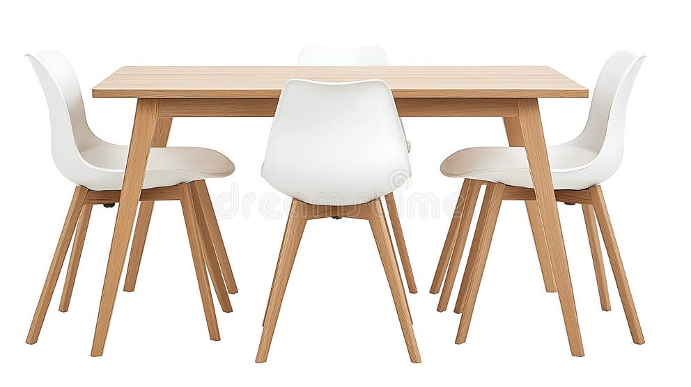 A Wooden Table with Five White Chairs Around it Stock Image - Image of ...