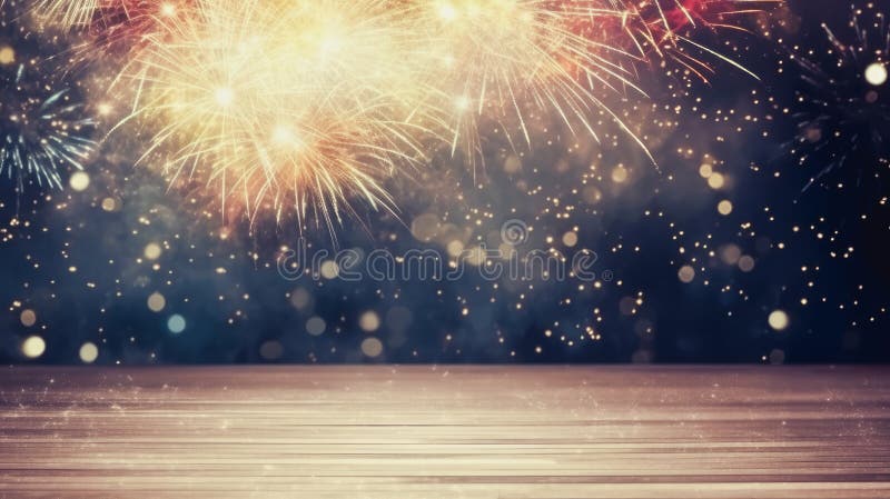 Wooden Table or Floor Empty with New Year Firework in Background ...