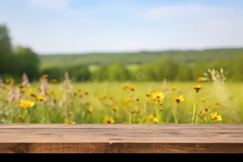 Wooden Table Flower Field. Generate Ai Stock Illustration ...