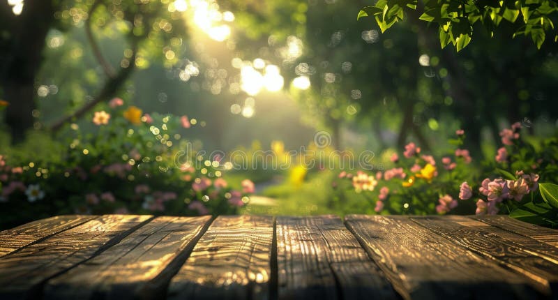 Wooden Table with Flowers and Greenery Stock Photo - Image of table ...