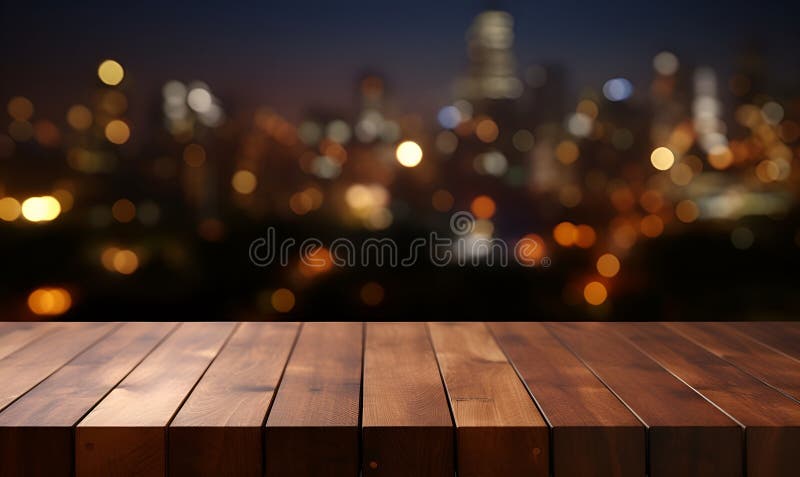 Wooden Table Focus with Blur Night City Light Background, Generative Ai ...