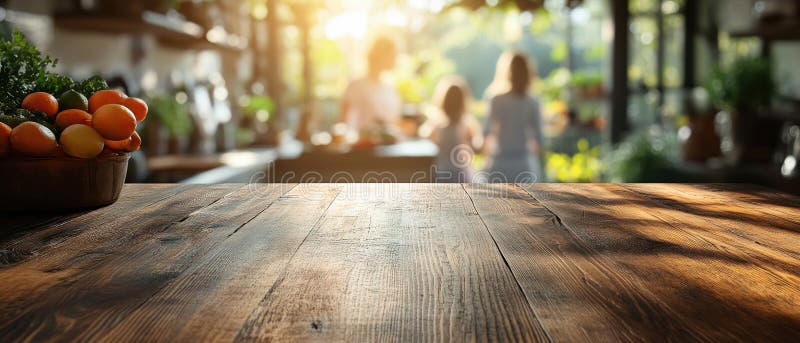 A Wooden Table in Foreground with Blurred Family in Sunny Kitchen Stock ...