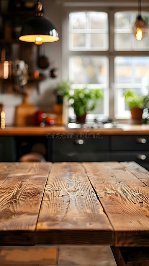 Wooden Table in Foreground, Kitchen in Background of Building Stock ...