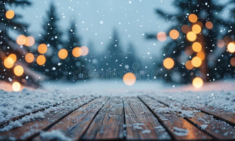 A Wooden Table is in the Foreground of a Snowy Scene, with Snowflakes ...
