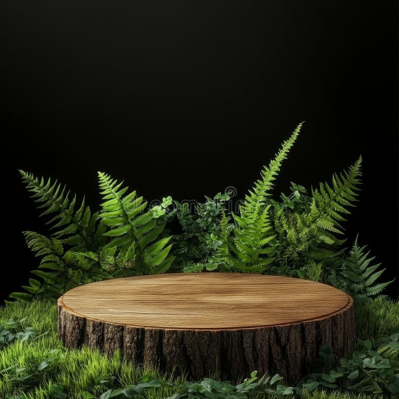 Wooden Table in the Forest with Grass and Ferns. Stock Illustration ...